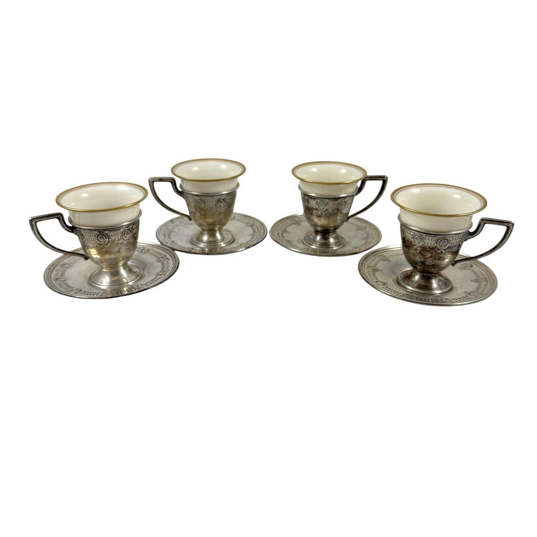 Antique WH Saart Sterling Silver Set 4 Demitasse Cups Saucers Lenox ...