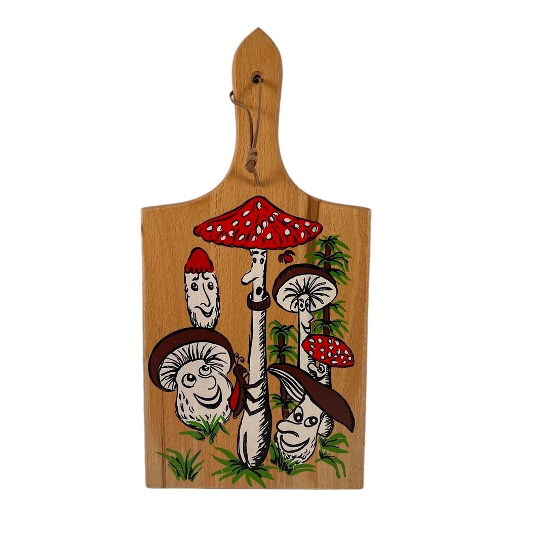 Wood Cutting Board With Mushroom Design Painted Anthropomorphic Vintage ...