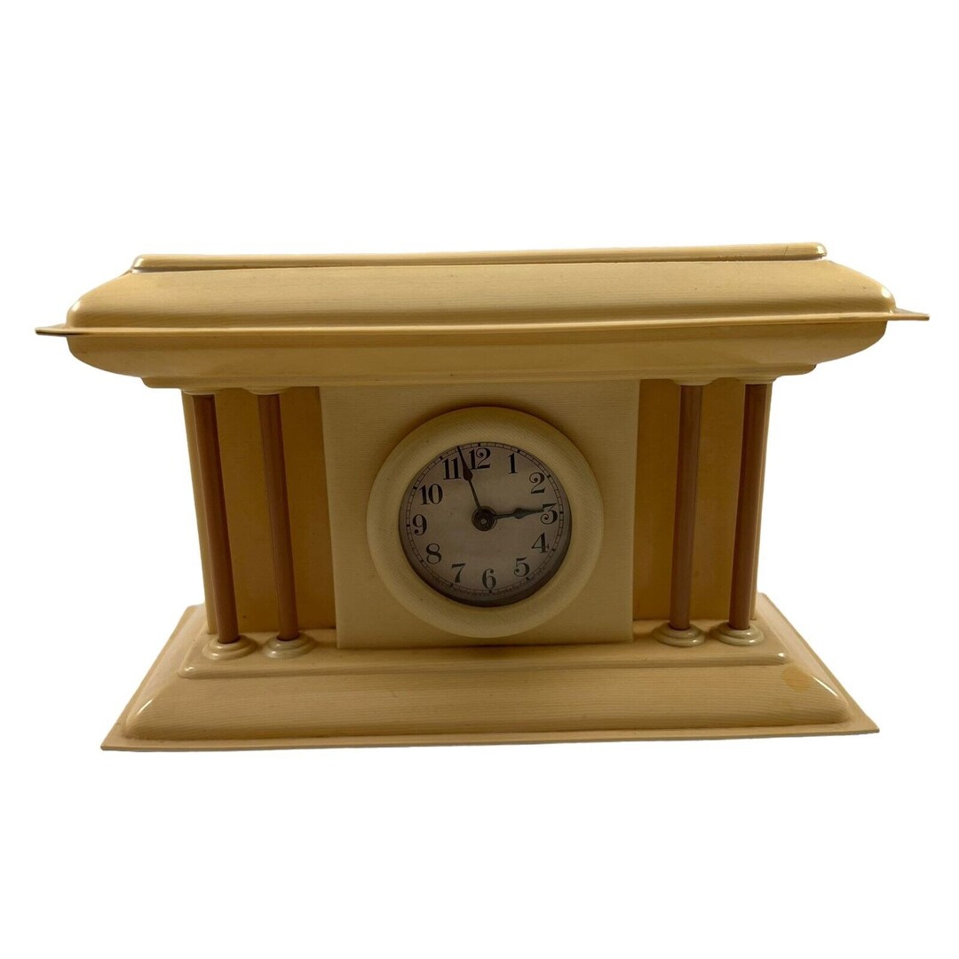 Lux Art Deco Mantle Clock Cream French Ivory Plastic Wind up Vintage ...