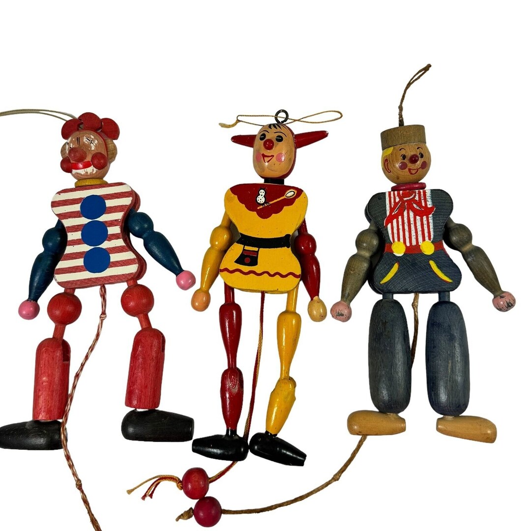 Wood Pull String Lot 3 Dancing Toy Puppets Vintage Austria Clown Jester ...