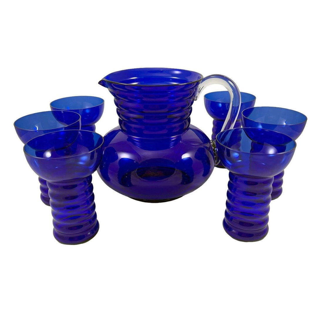 Dunbar Aramis Cobalt Blue Depression Glass Pitcher 6 Glasses Vintage ...