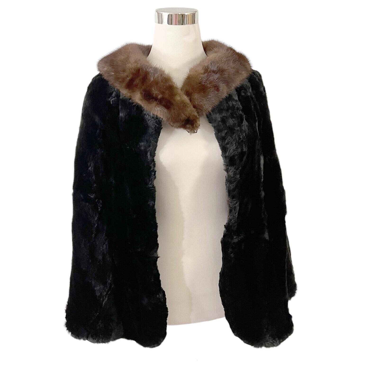 Black Sheared Beaver Fur Cape With Brown Mink Collar Vintage 1940s ...