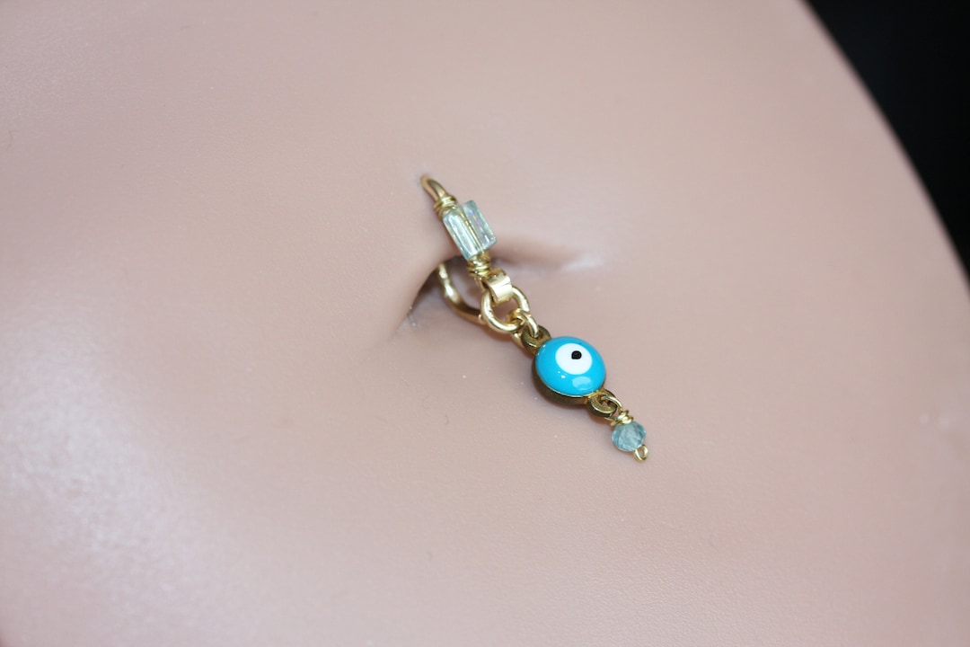 Teal Evil Eye Belly Button Ring: Apatite Dangle Navel Jewelry - Etsy