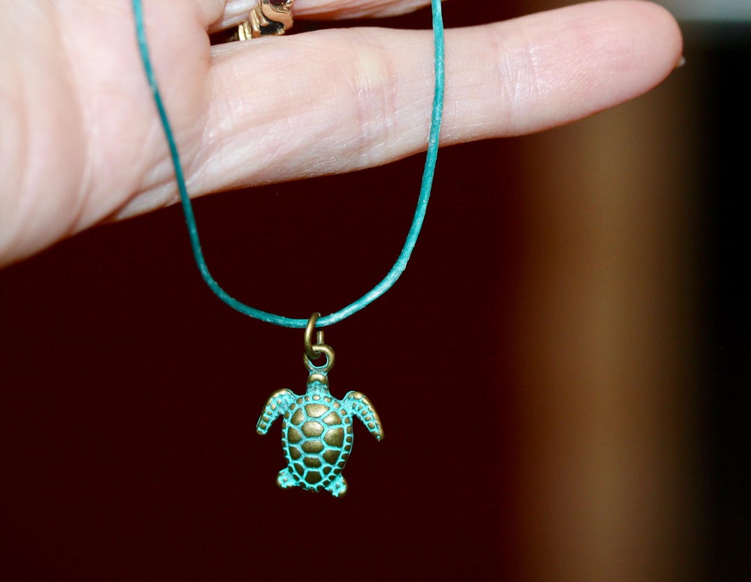 Verde Green Turtle Necklace: Adjustable Silk Cord, Artisan Brass Clasp ...