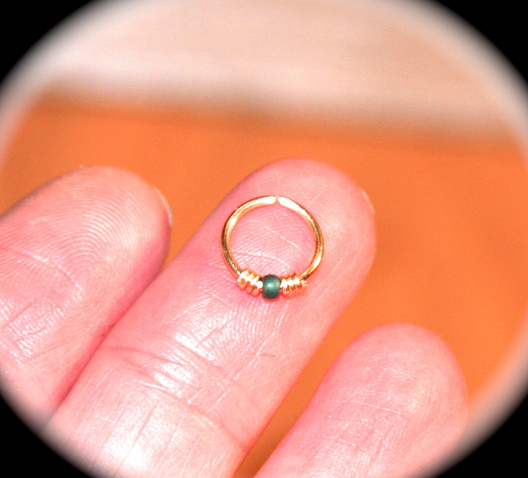 Small Metallic Green Beaded Nose Ring: Sterling Silver Cartilage Hoop ...