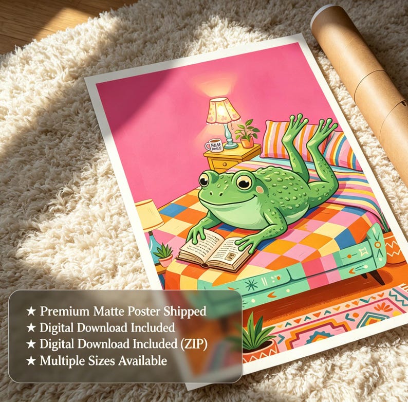 Funny Frog Reading Book Poster Dopamine Home Decor Maximalist Bedroom ...