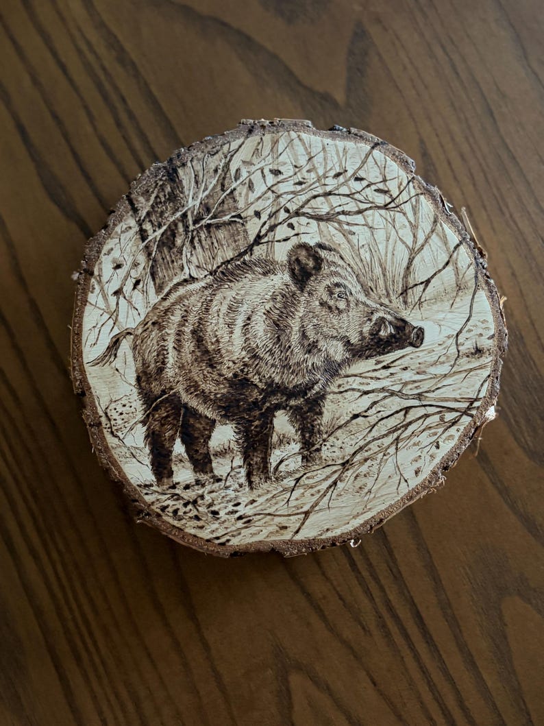 Wild Boar Pyrography on Natural Wood | Handmade Rustic Decoration ...