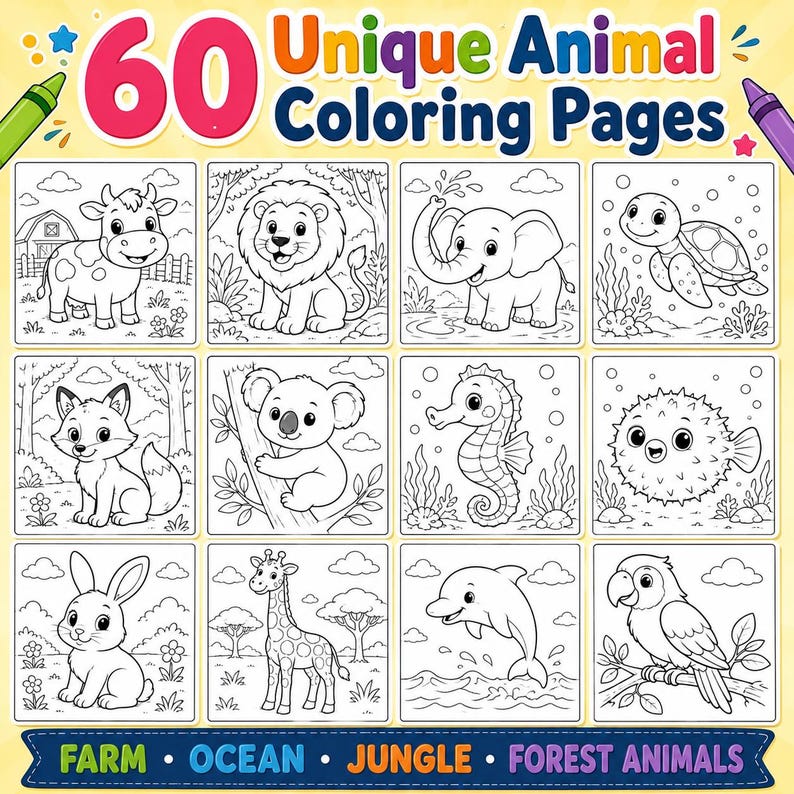 60 Animal Coloring Pages for Kids | Printable Coloring Book - Etsy UK