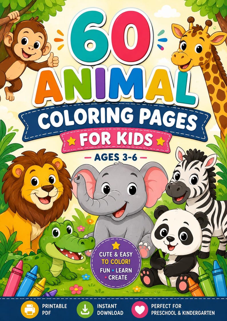 60 Animal Coloring Pages for Kids | Printable Coloring Book - Etsy UK