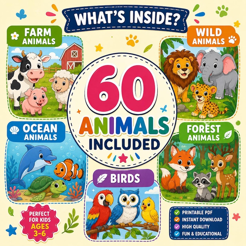 60 Animal Coloring Pages for Kids | Printable Coloring Book - Etsy UK