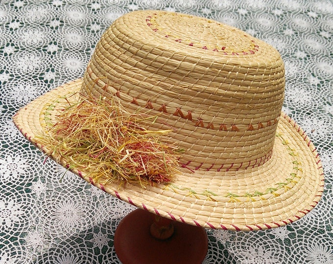 Vintage Hand Coiled Real Straw Hat With Straw Pompom Womens Medium - Etsy