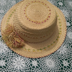 Vintage Hand Coiled Real Straw Hat With Straw Pompom Womens Medium - Etsy