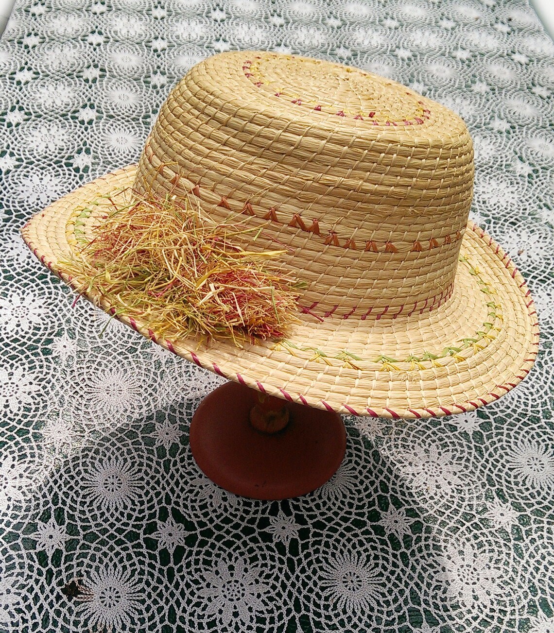 Vintage Hand Coiled Real Straw Hat With Straw Pompom Womens Medium - Etsy