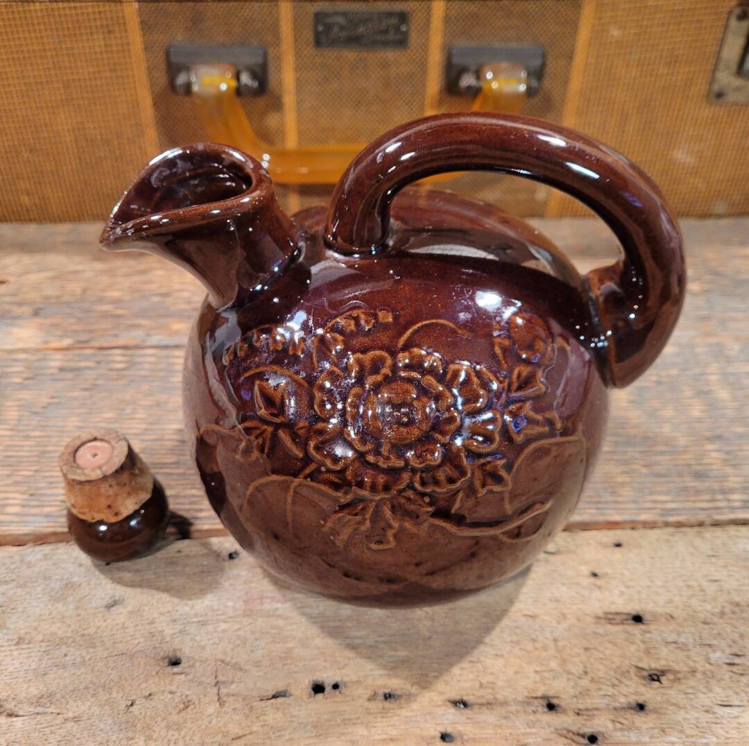 Vintage Squat Pottery Oil Jug With Cork Stopper / Ceramic / Brown ...