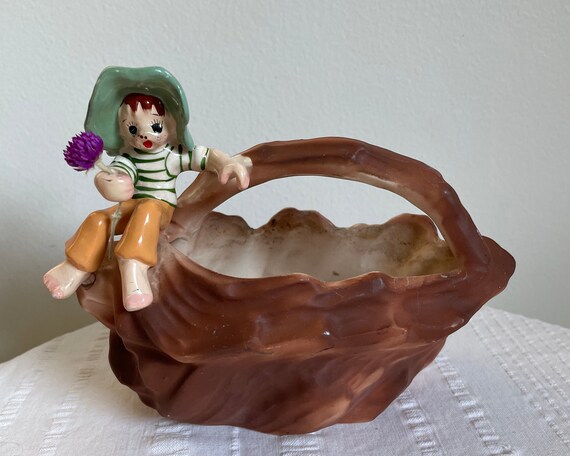 Vintage Ceramic Pot Basket With a Little Boy | Etsy