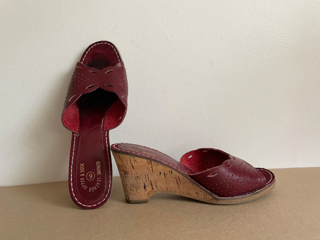 Vintage Maroon Leather and Cork Wedge Heel Sandals Size 6 - Etsy