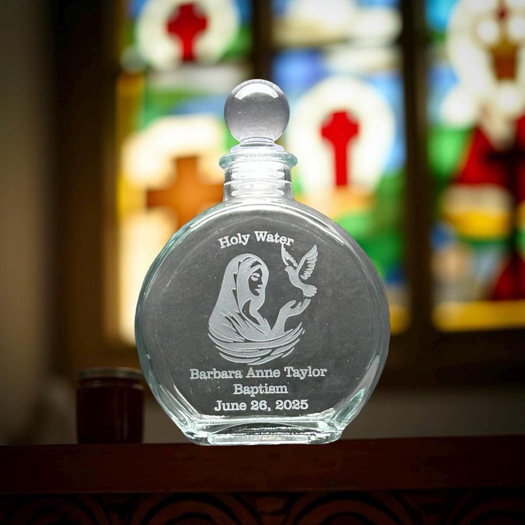 Personalized Elegant Catholic Mary Dove Baptism Holy Water Etched 6 Oz ...