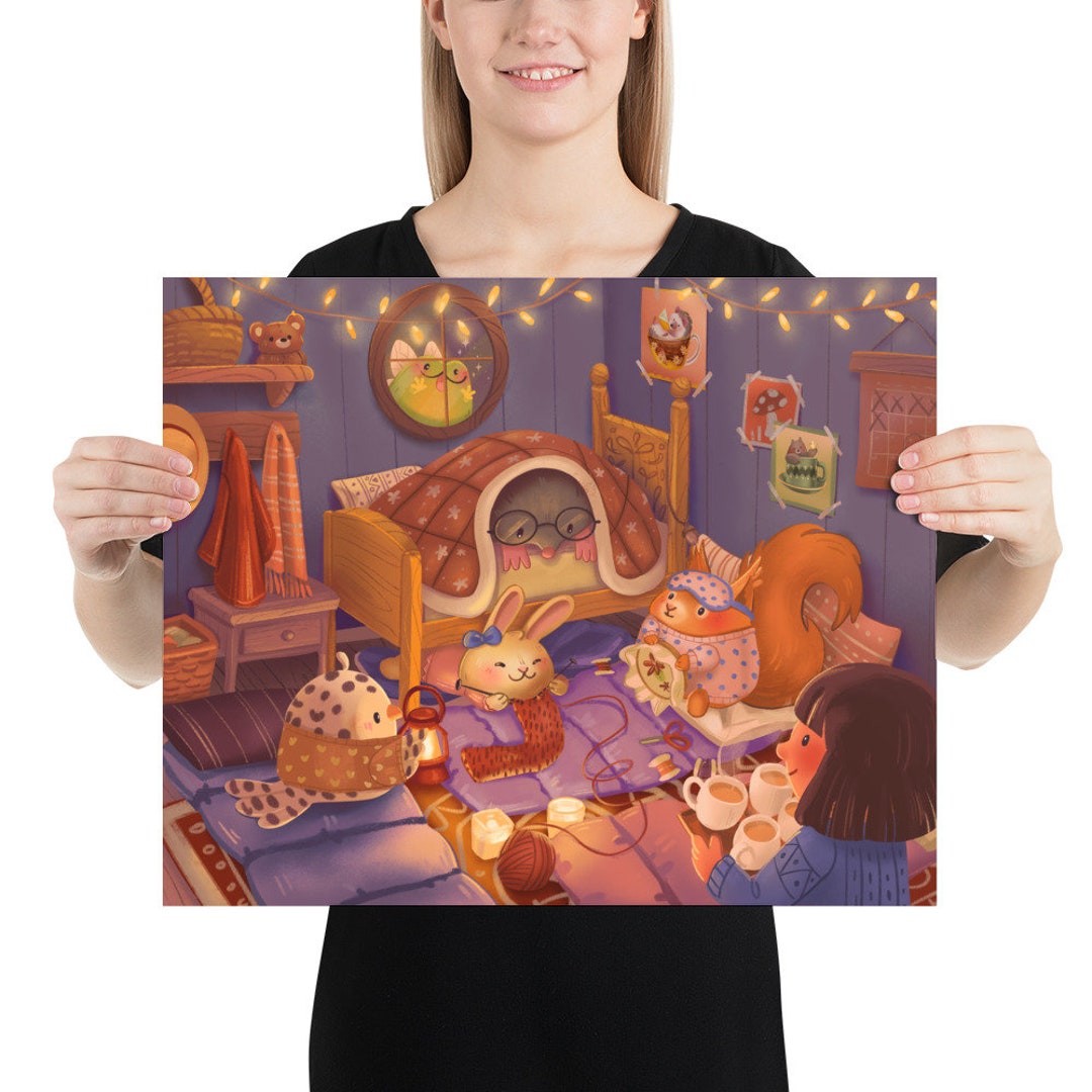 Woodland Animal Print, Sleepover Art, Cozy Art Nursery Poster, Squirrel ...