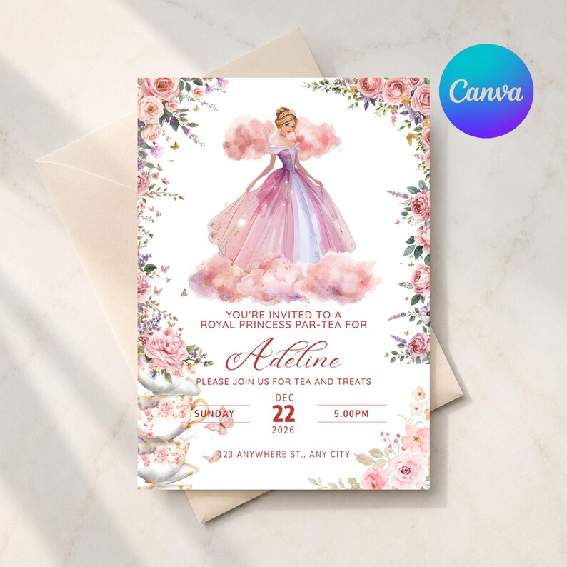Royal Princess Tea Party Invitation, Floral Gold Birthday Invite ...