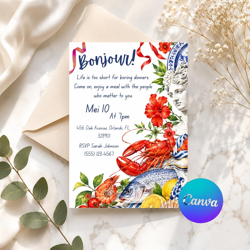 French Seafood Dinner Party Invitation, Whimsical Bonjour Birthday ...