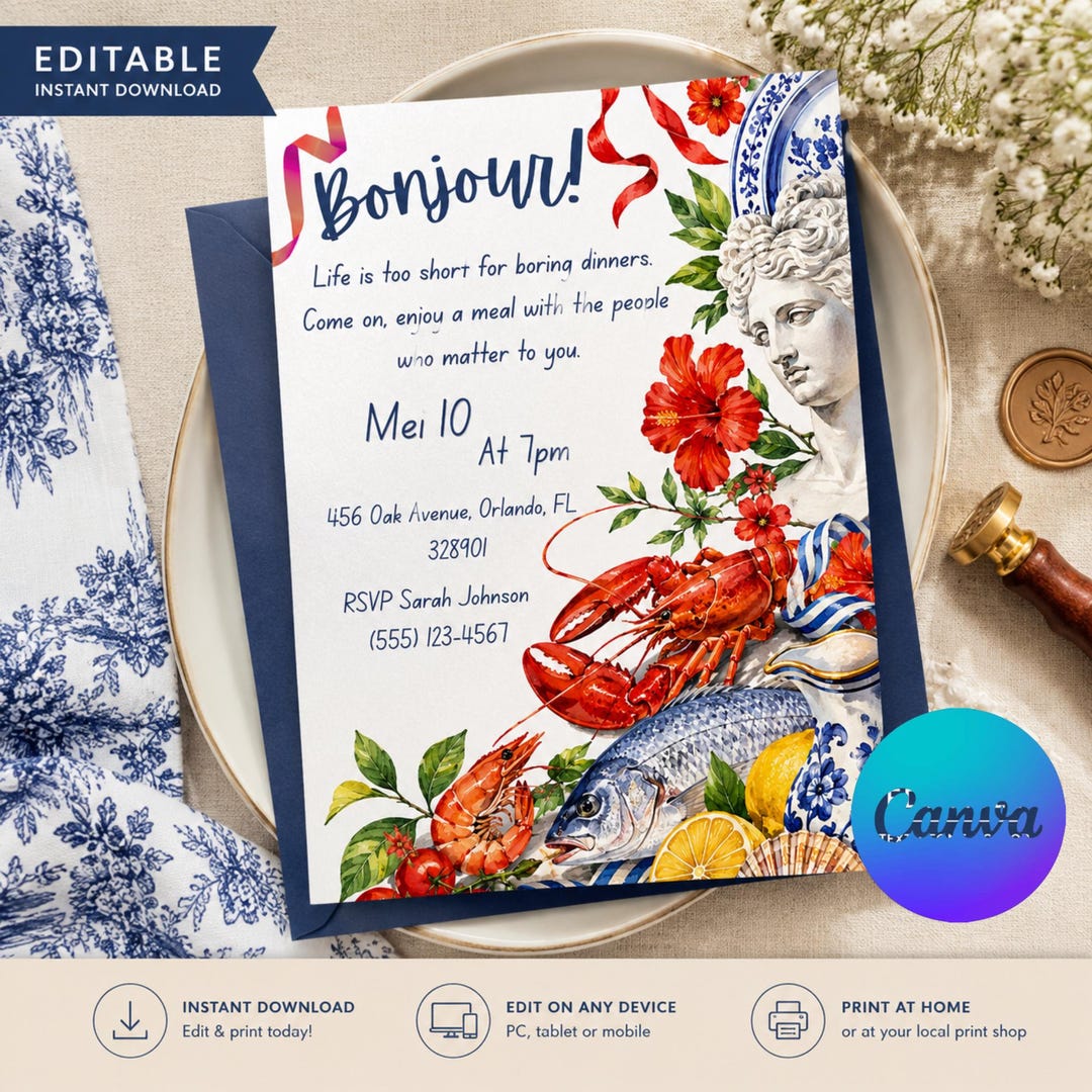 French Seafood Dinner Party Invitation, Whimsical Bonjour Birthday ...