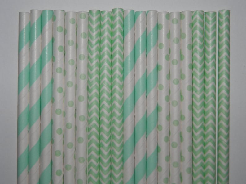 50 Mixed Mint Green Striped, Chevron and Polka Dot Paper Straws ...