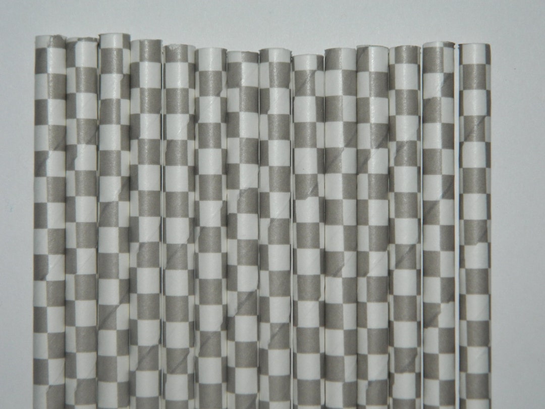 25 Light Grey and White Square Checkered Paper Straws- Nautical Straw ...