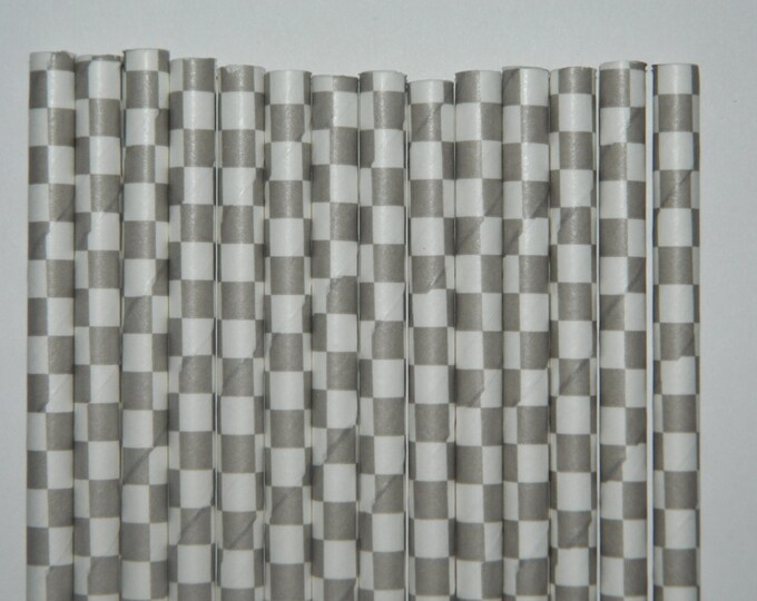 25 Light Grey and White Square Checkered Paper Straws- Nautical Straw ...