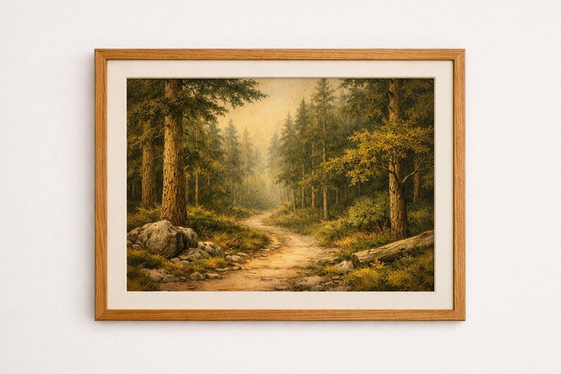 Vintage Forest Path Print | Rustic Landscape Painting, Oak Frame Style ...