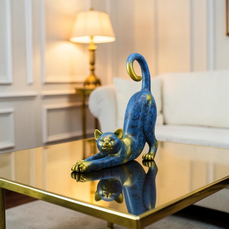 Stretching Cat Sculpture – Homemade Glossy Red Blue Resin Animal ...