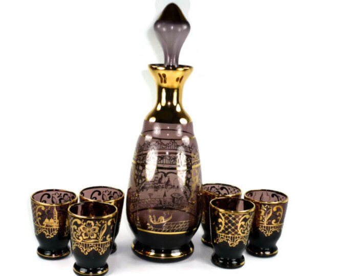 Vintage Decanter Cordial Set With 6 Shot Glasses Amethyst Purple and ...
