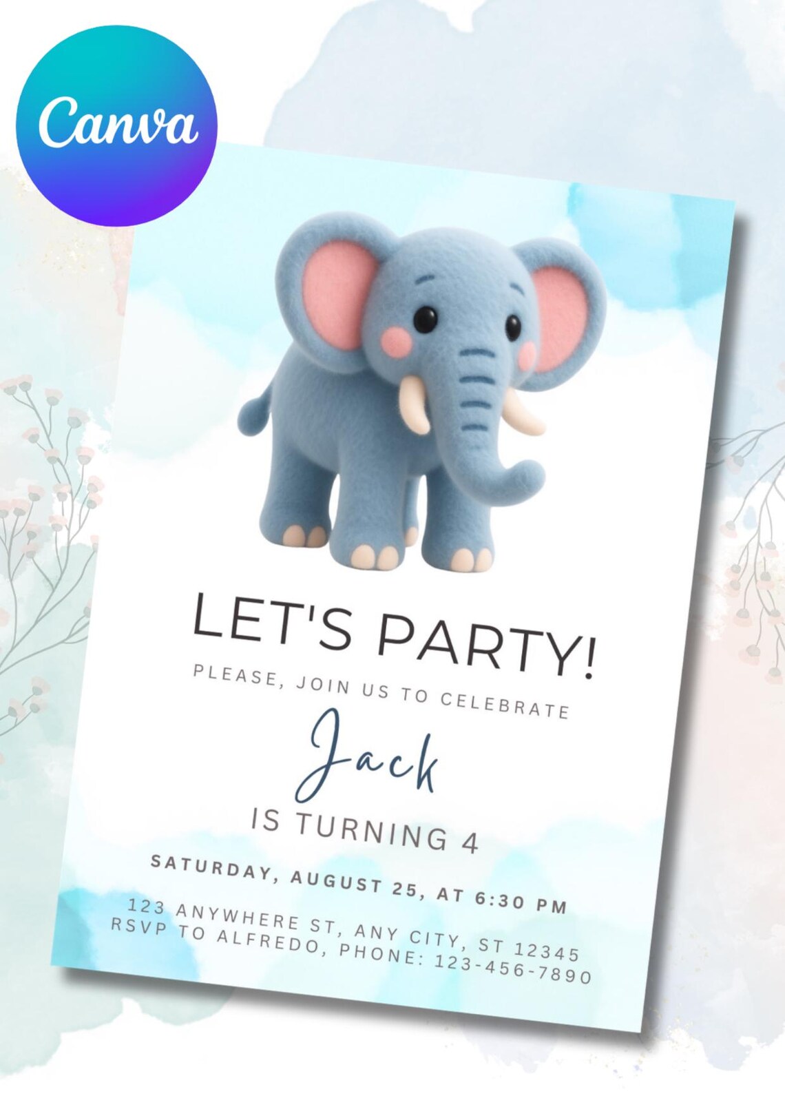 Elephant Birthday Invitation Template, Baby Blue Watercolor Party ...