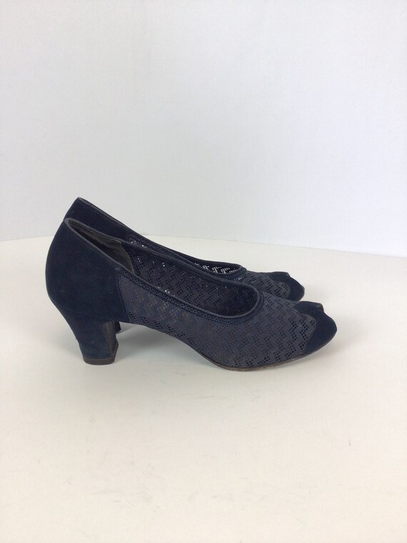 Vintage 40s shoes | Vintage blue suede peep toe heels… - Gem