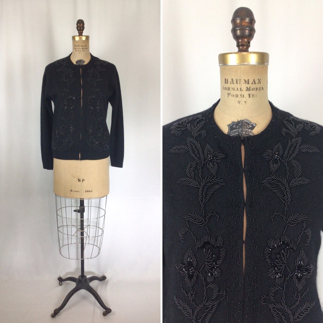 Vintage 50s Beaded Cardigan | Vintage Black Wool Beaded Cardigan | 1950 ...