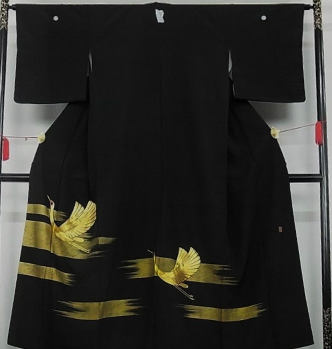 Vintage Kimono Flying Crane, Embroidery, Black Tomesode, Five Crest of ...