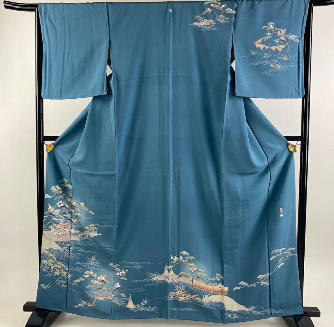 Vintage Kimono Houmongi, Waterside Landscape, One Crest of Kashiwa ...