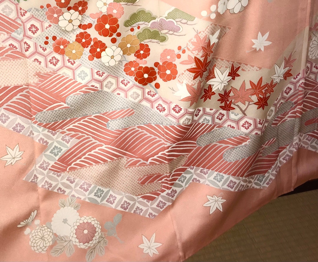 Vintage Kimono Maple Leaf and Chrysanthemum, Soft Pink, Houmongi ...