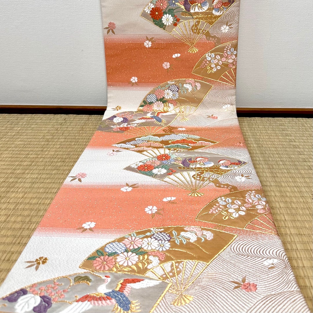 Vintage Obi - Folding Fan, Flower, Crane and Pair of Duck, Rokutsu ...