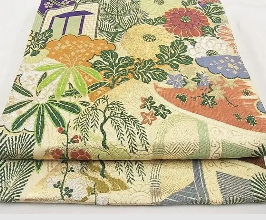 Antique Obi Maru Obi, Pine Tree, Plum, Bamboo Leaf and Goshoguruma ...