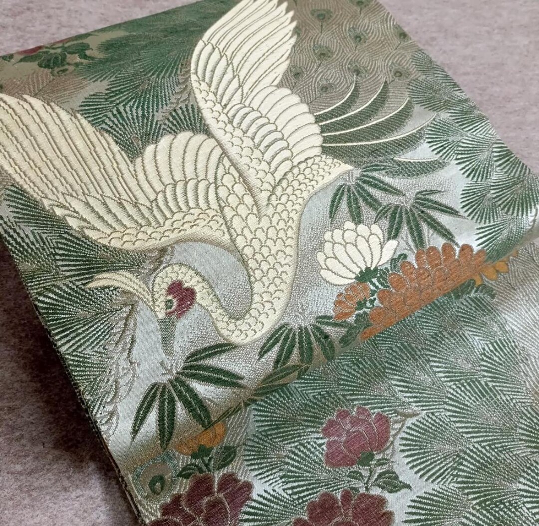 Antique Obi - Maru Obi, Pine Tree, White Peacock/female, Rose and ...