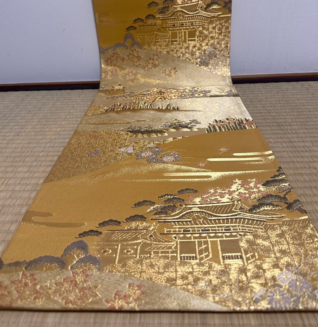 Vintage Obi Temple, Castle and Mountain, Shiny Gold, Nishijin, Fukuro ...