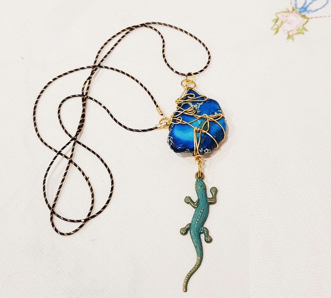 Gemstone Pendant Necklace on Long Cord. Lizard Pendant. Patina Lizard ...