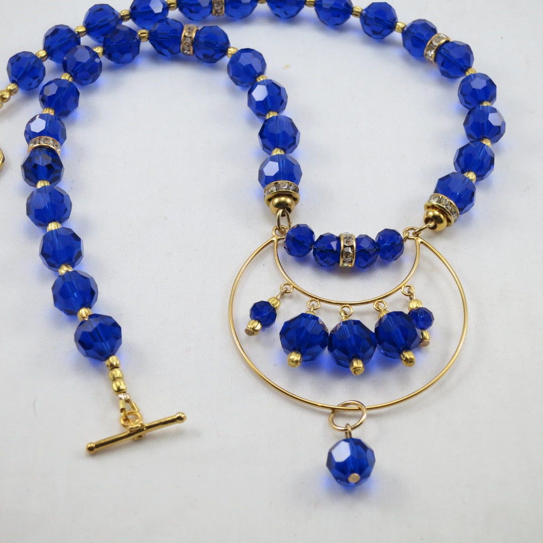 Royal Blue Cut Glass and Crystal Necklace With Gold. Feature Pendant ...