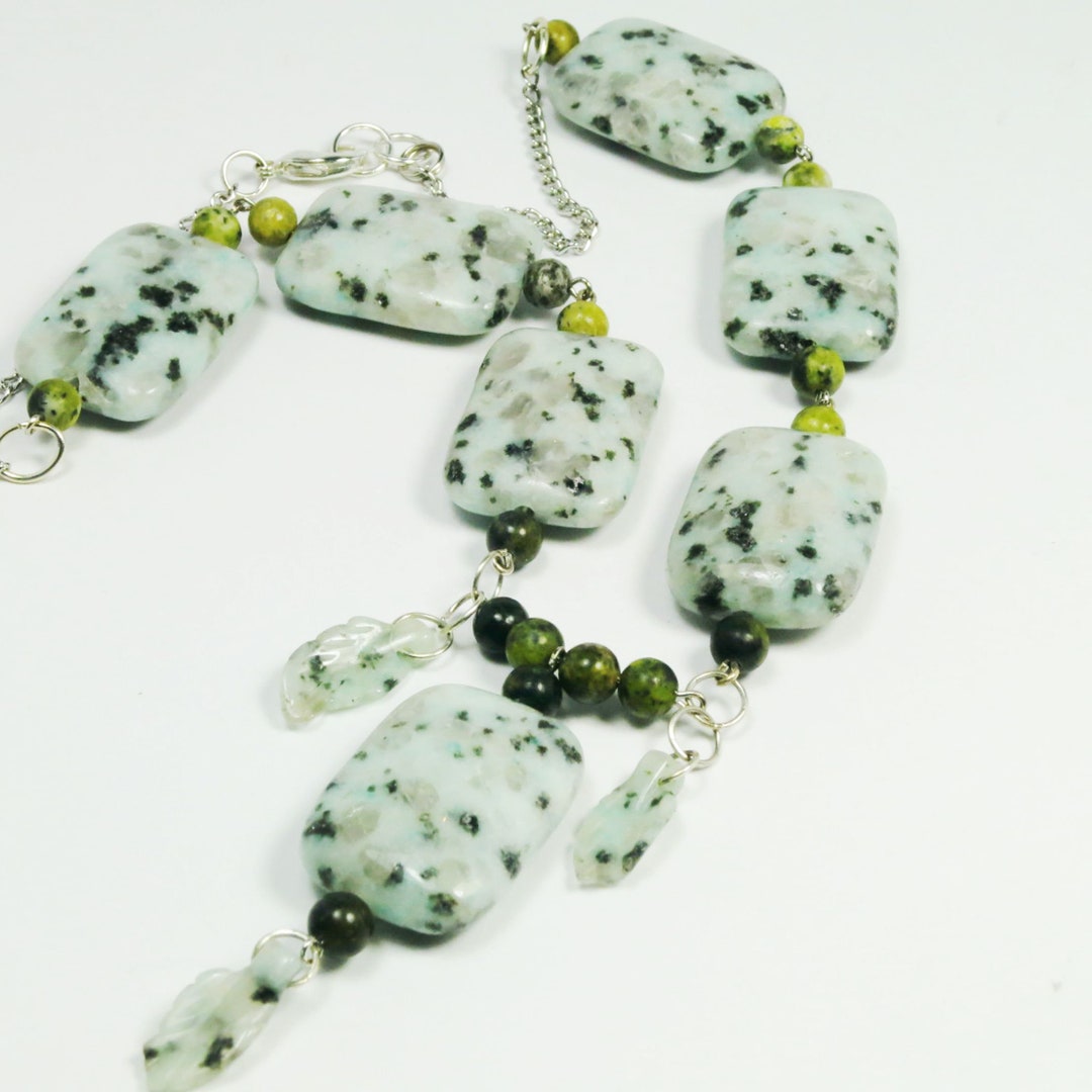 Lotus Jasper Necklace. Large Rectangle Gemstones. Silver Chain. Grey ...