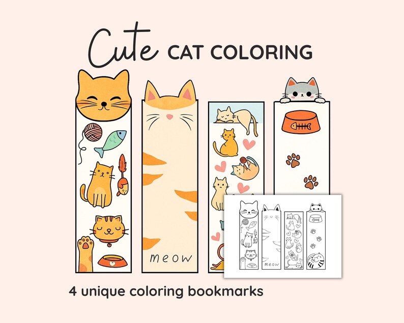 Printable Coloring Bookmarks for Kids and Women, Cat Bookmark, DIY ...