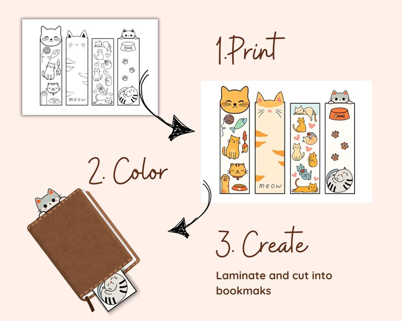 Printable Coloring Bookmarks for Kids and Women, Cat Bookmark, DIY ...
