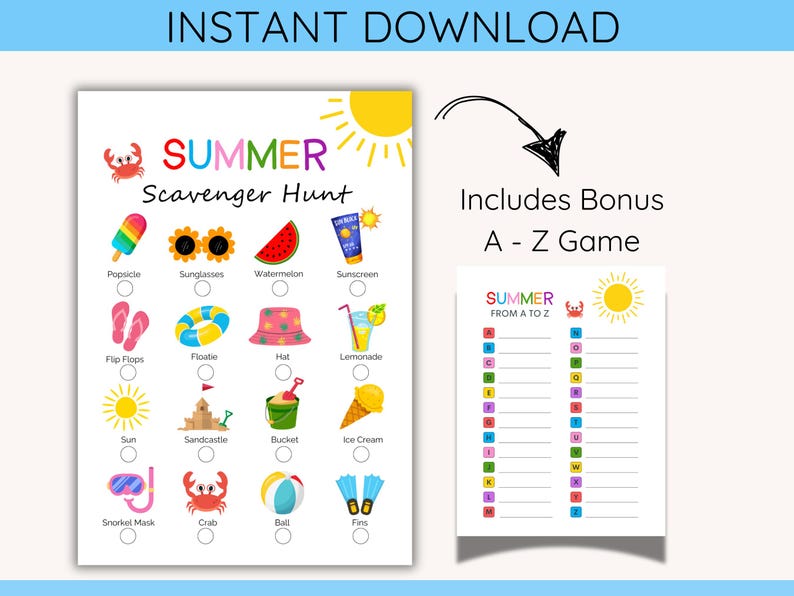 Summer Scavenger Hunt for Kids: Printable Indoor/outdoor Game (instant ...