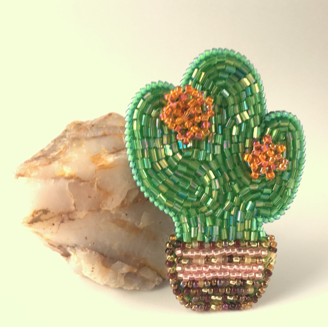 Cactus Brooch Cute Hand Beaded Cactus Plant Pin with Orange | Etsy