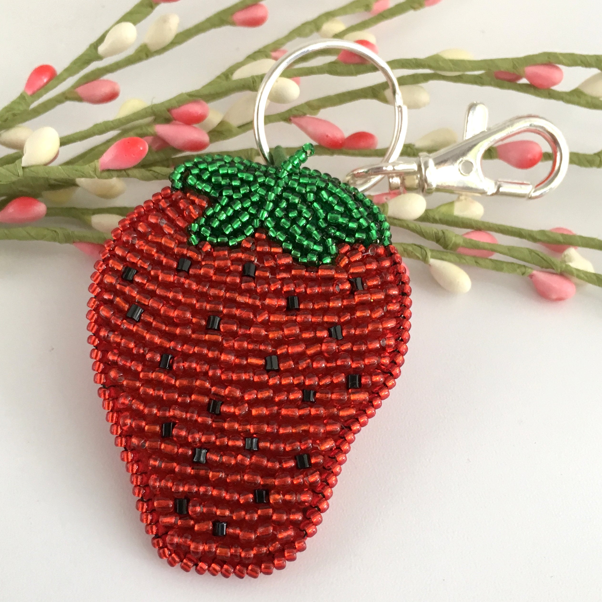 Beaded Strawberry Keychain or Pendant, Hand Embroidered Summer Gift for ...