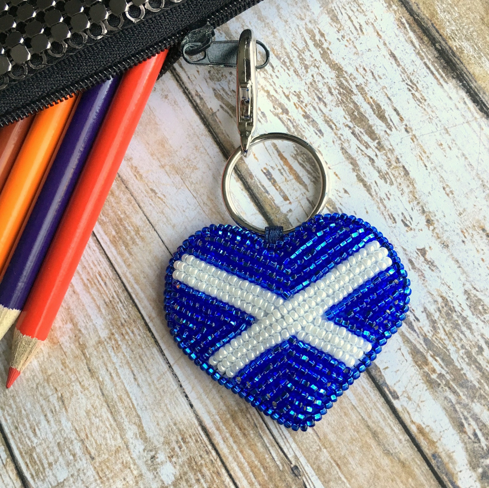 Scotland Flag Keychain, Hand Beaded St Andrews Cross, Scottish Themed ...